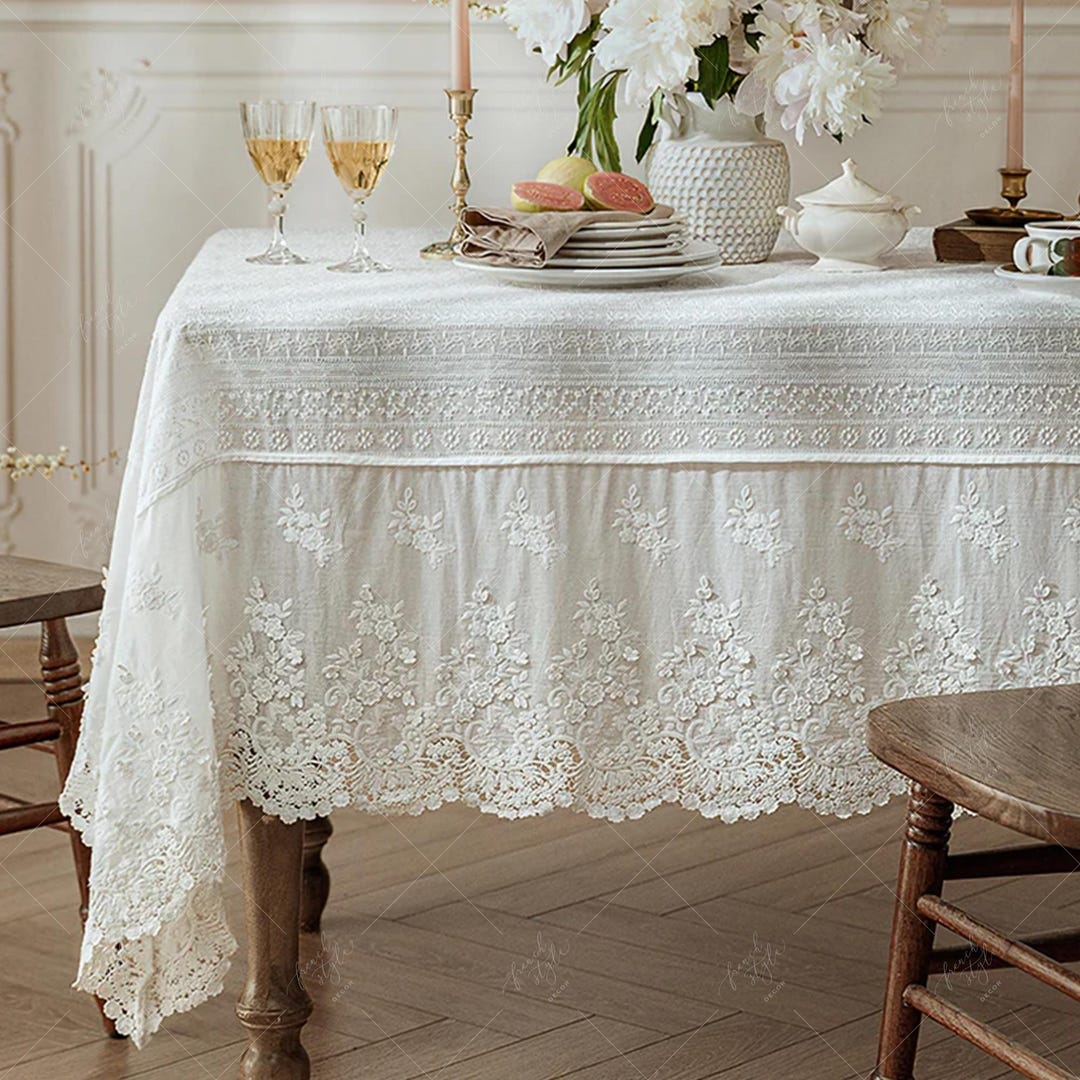 White Floral Embroidered Tablecloth for Wedding | Elegant Rectangle ...