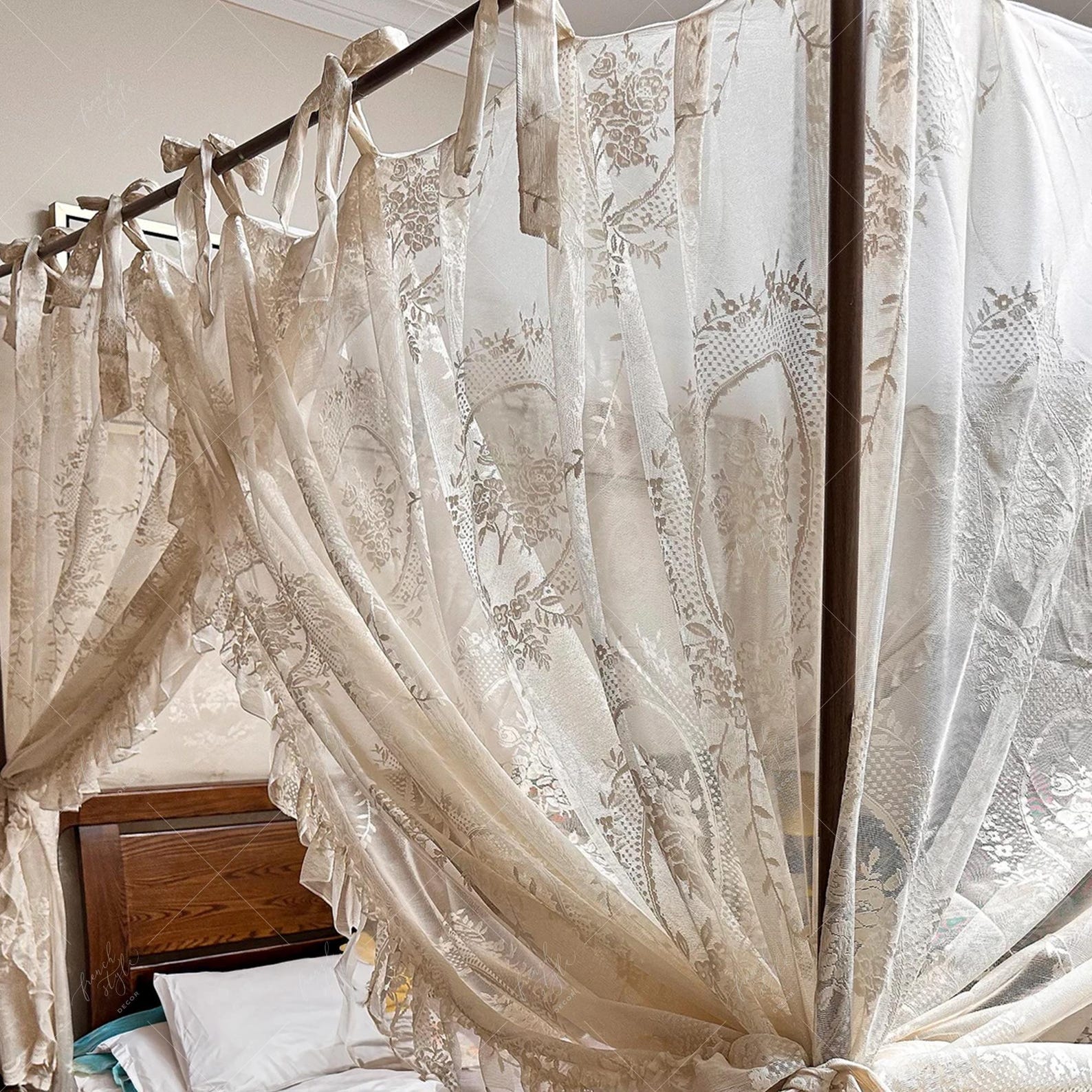 White Floral Embroidery Bed Canopy: Sheer Lace, Romantic Drapery - Etsy