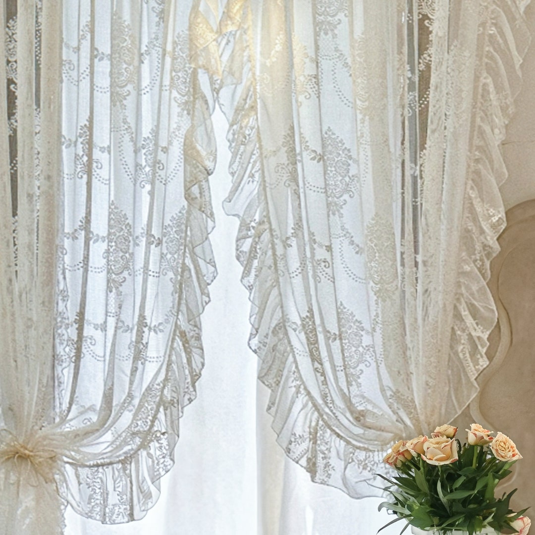 White Lace Embroidery Curtain With Ruffle Edge, French Style Semi Sheer ...