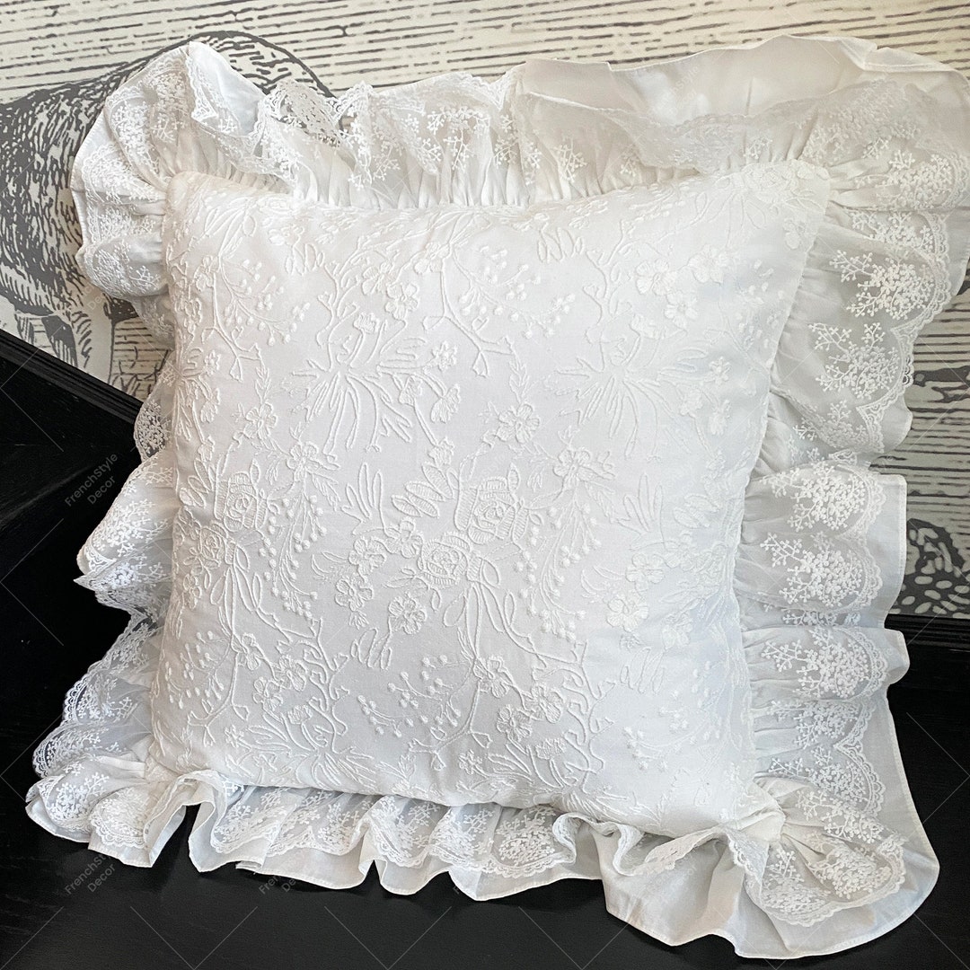 Delicate Embroidery and Lace Ruffle Trim Pillowcase, Chic Decorative ...