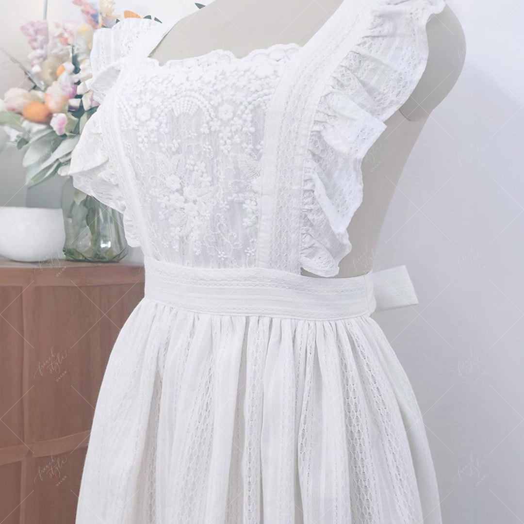 Adjustable White Cotton Lace Apron, Vintage Style Apron With Scallop ...