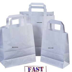25 Medium SOS White Kraft Paper Carrier Bags With Flat Handles Free and ...