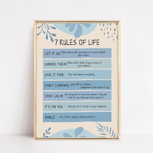 7 Rules of Life Poster, Therapy Office Decor, Life Rules Print ...