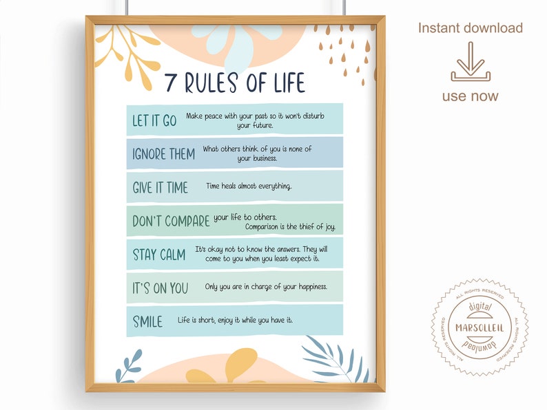 7 Rules of Life Poster, Therapy Office Decor, Positive Affirmations ...