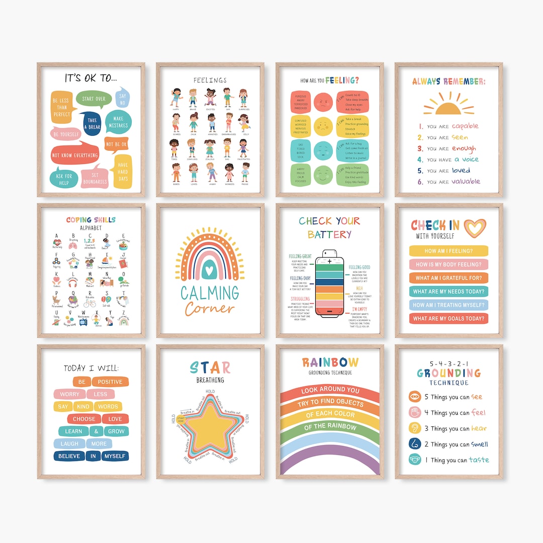 Set of 12 Psychology Prints for Kids, Emotions Poster, Mental Health ...