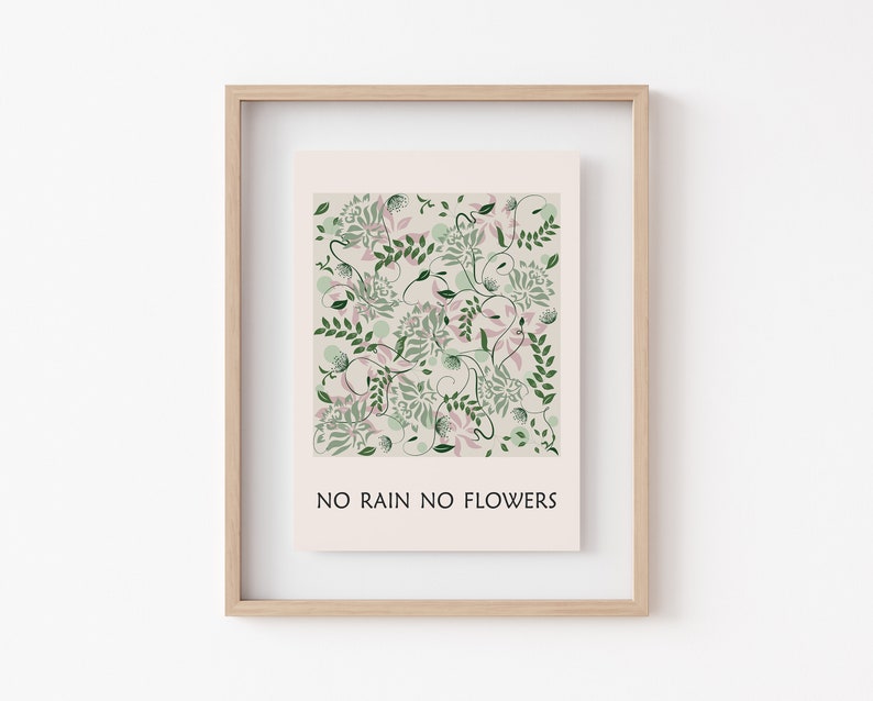 No Rain No Flowers, Positivity Wall Art Print, Affirmation Flower Print ...