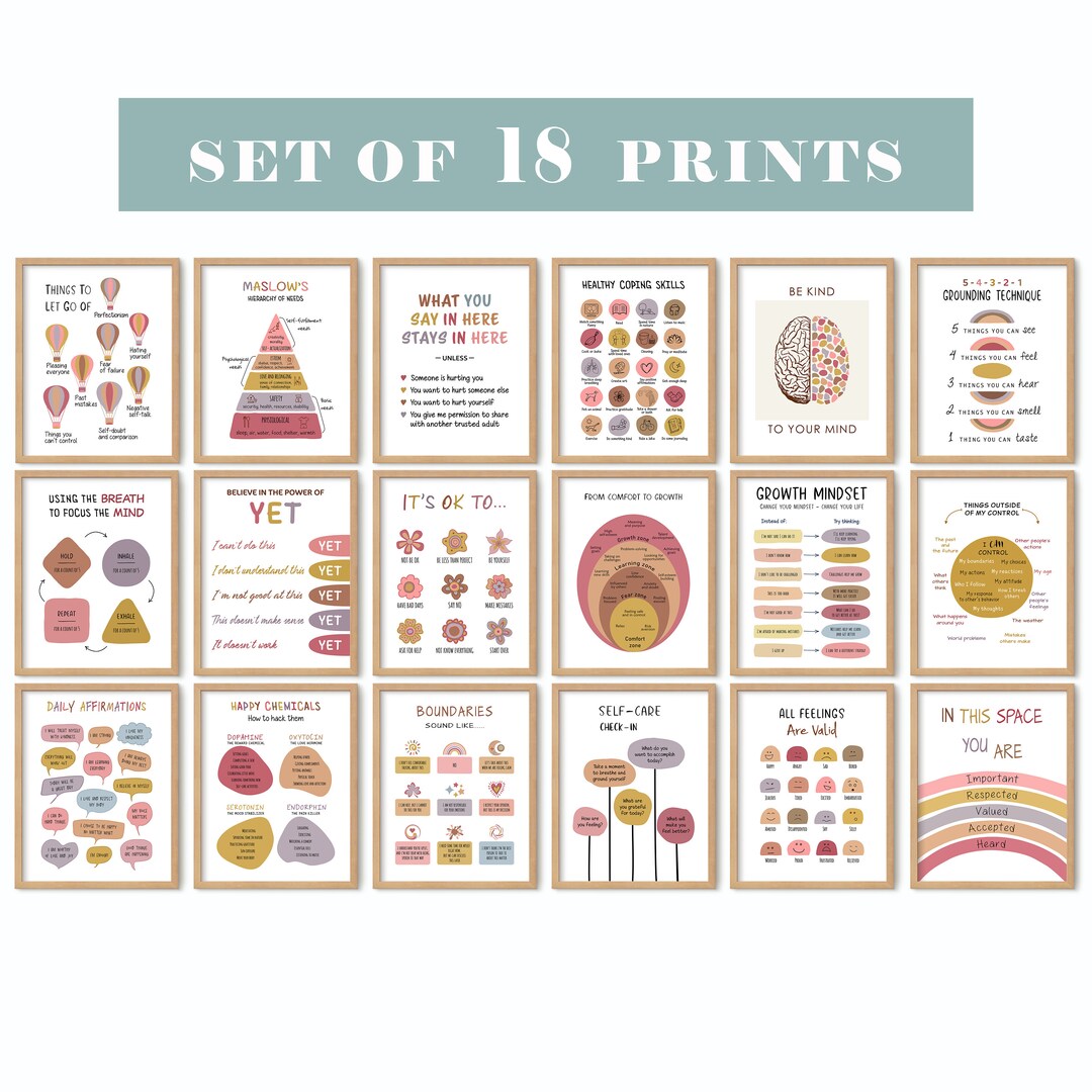 Mental Health Prints, Set of 18 Posters, Therapy Office Decor, Mental ...