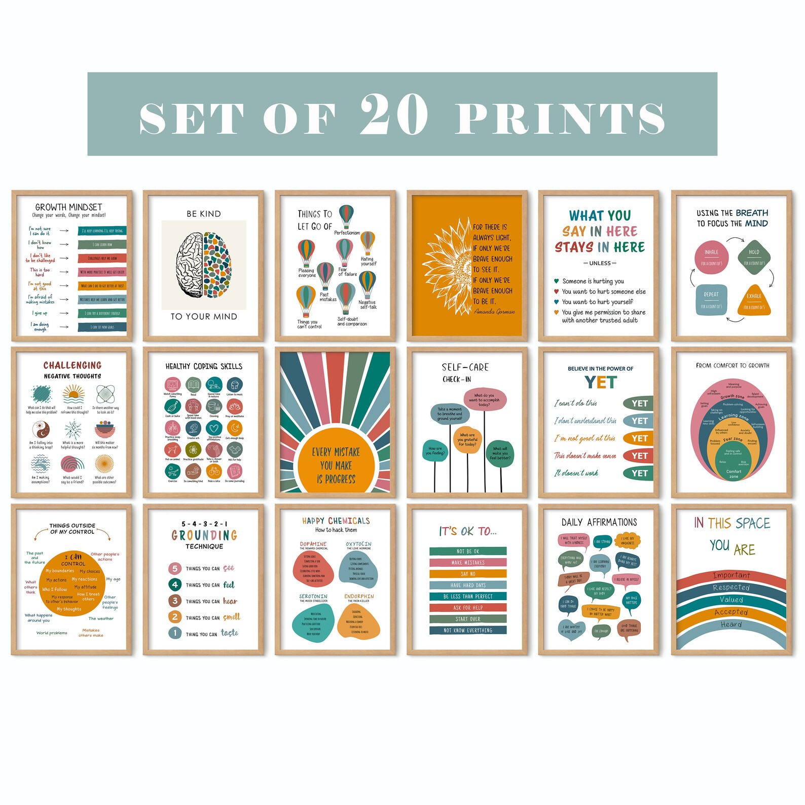 Set of 20 Prints for Therapy Office, Mental Health Poster Bundle ...