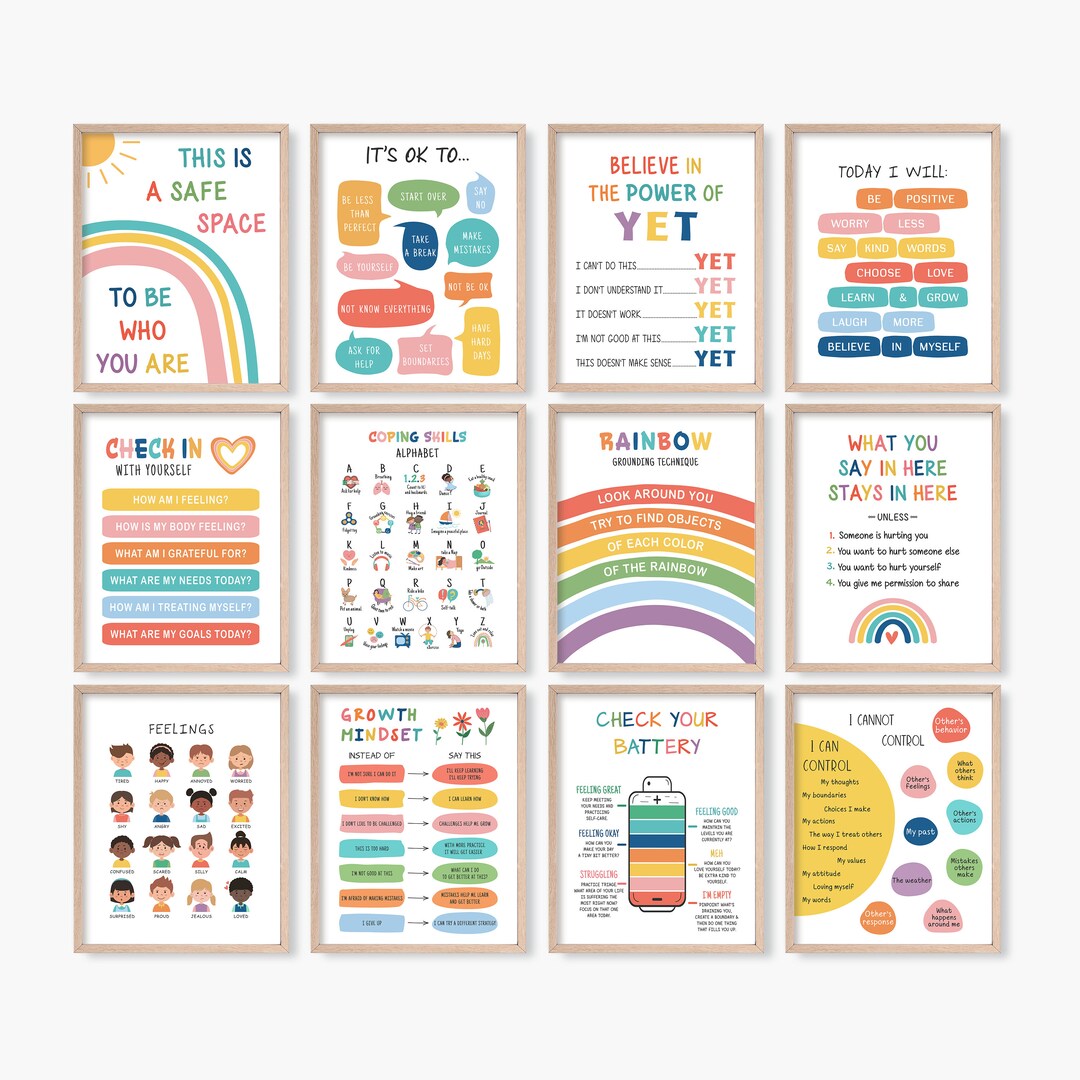 Set of 12 Posters, Mental Health Prints Bundle, Growth Mindset, Coping ...