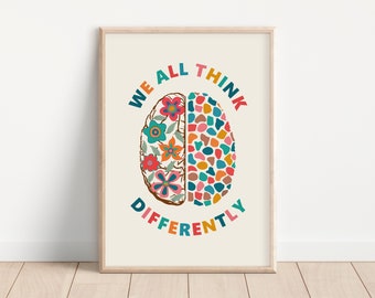 Neurodiversity Brain Art Poster, Therapy Office Decor, We All Think ...