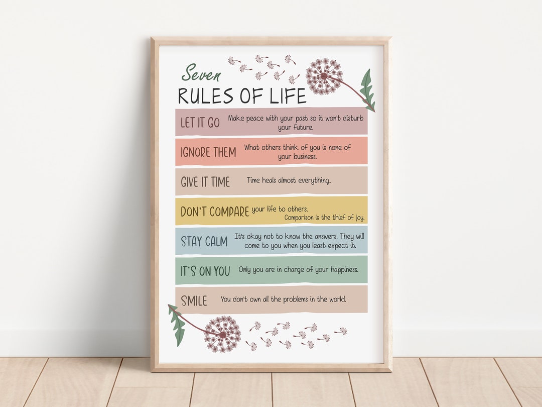 7 Rules of Life Poster, Therapy Office Decor, Mental Health, Life Rules ...