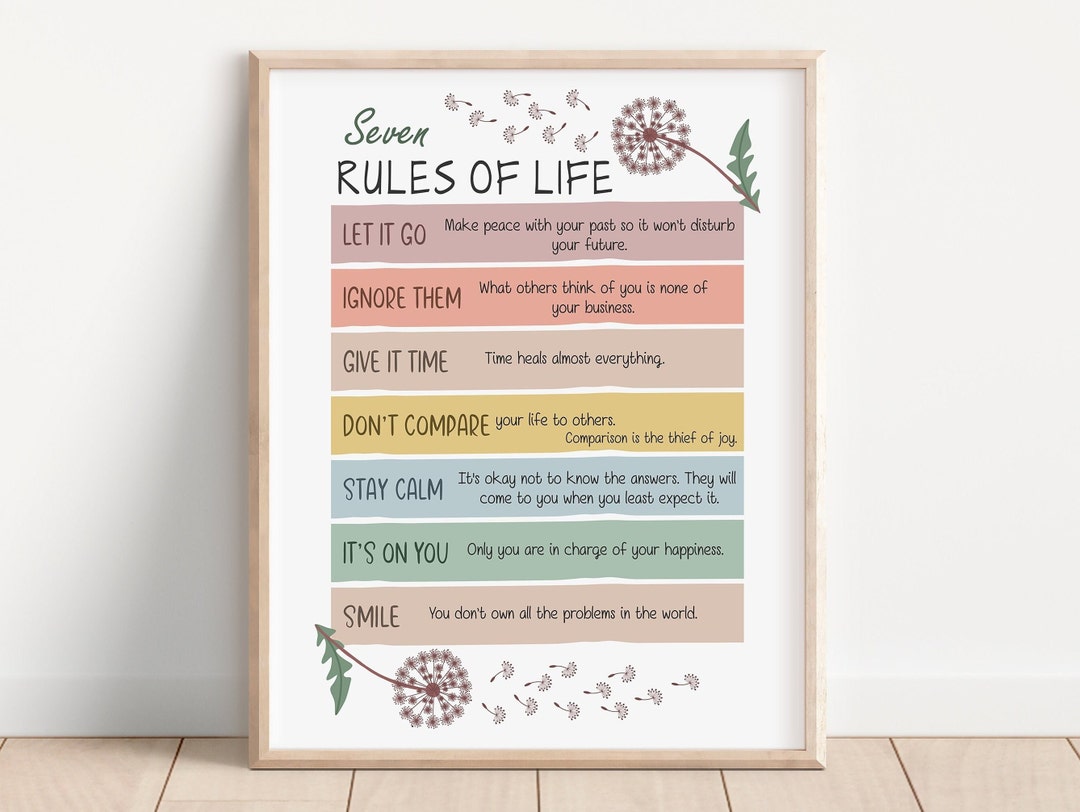 7 Rules of Life Poster, Therapy Office Decor, Mental Health, Life Rules ...