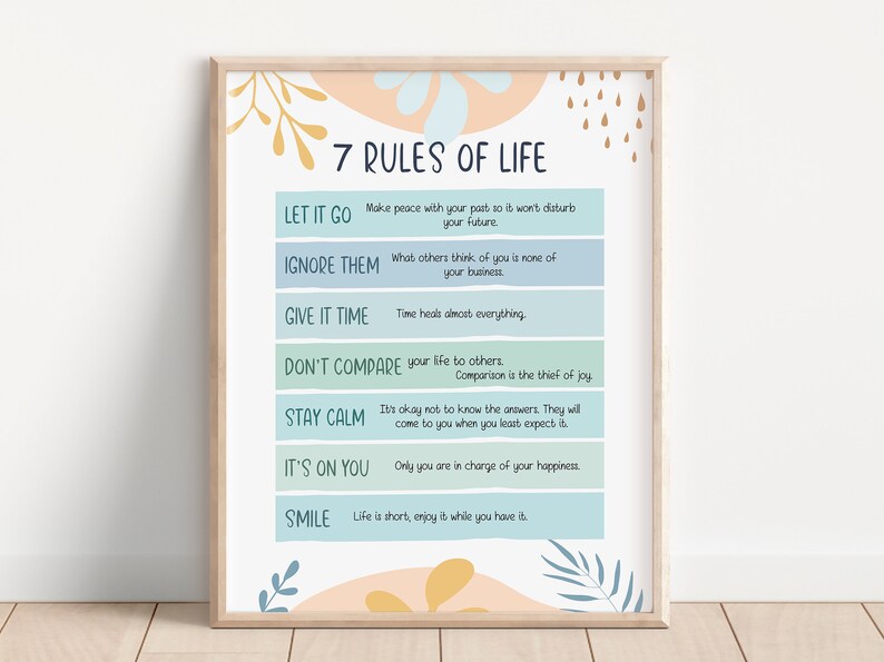 7 Rules of Life Poster, Therapy Office Decor, Positive Affirmations ...