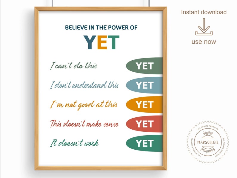 The Power of Yet, Growth Mindset Poster, Mental Health, Therapy Office ...