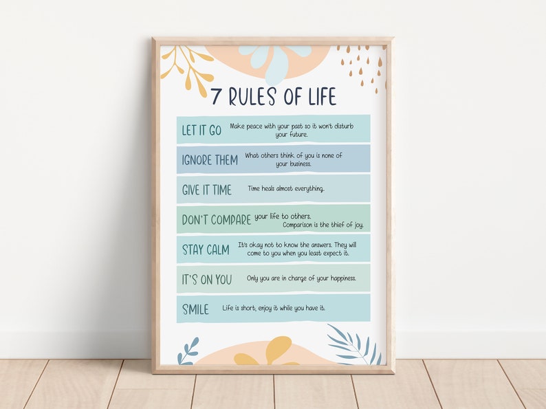 7 Rules of Life Poster, Therapy Office Decor, Positive Affirmations ...