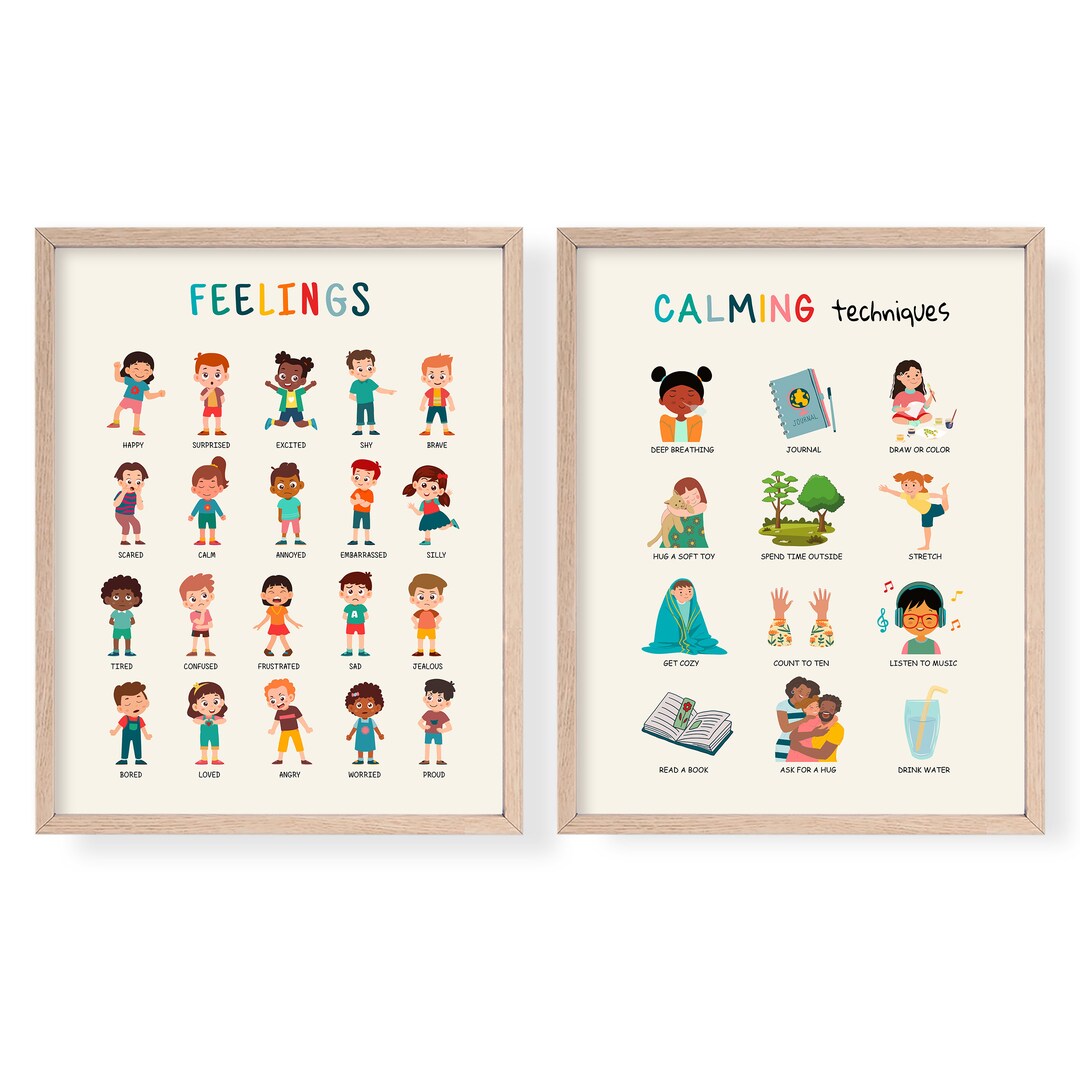 Calming Techniques and Feelings Posters, Set of Playroom Prints ...