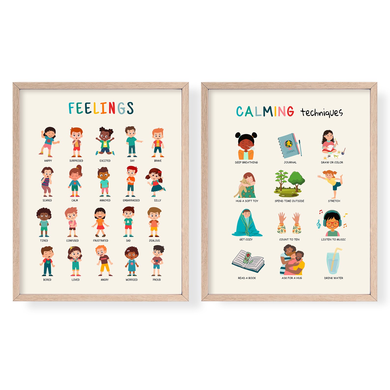 Calming Techniques and Feelings Posters, Set of Playroom Prints ...