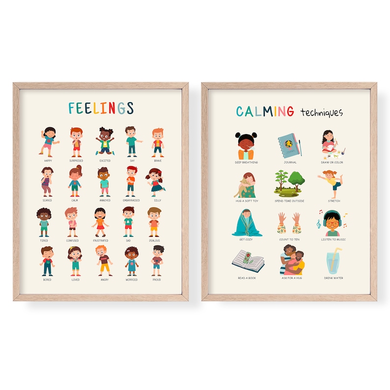 Calming Techniques and Feelings Posters, Set of Playroom Prints ...