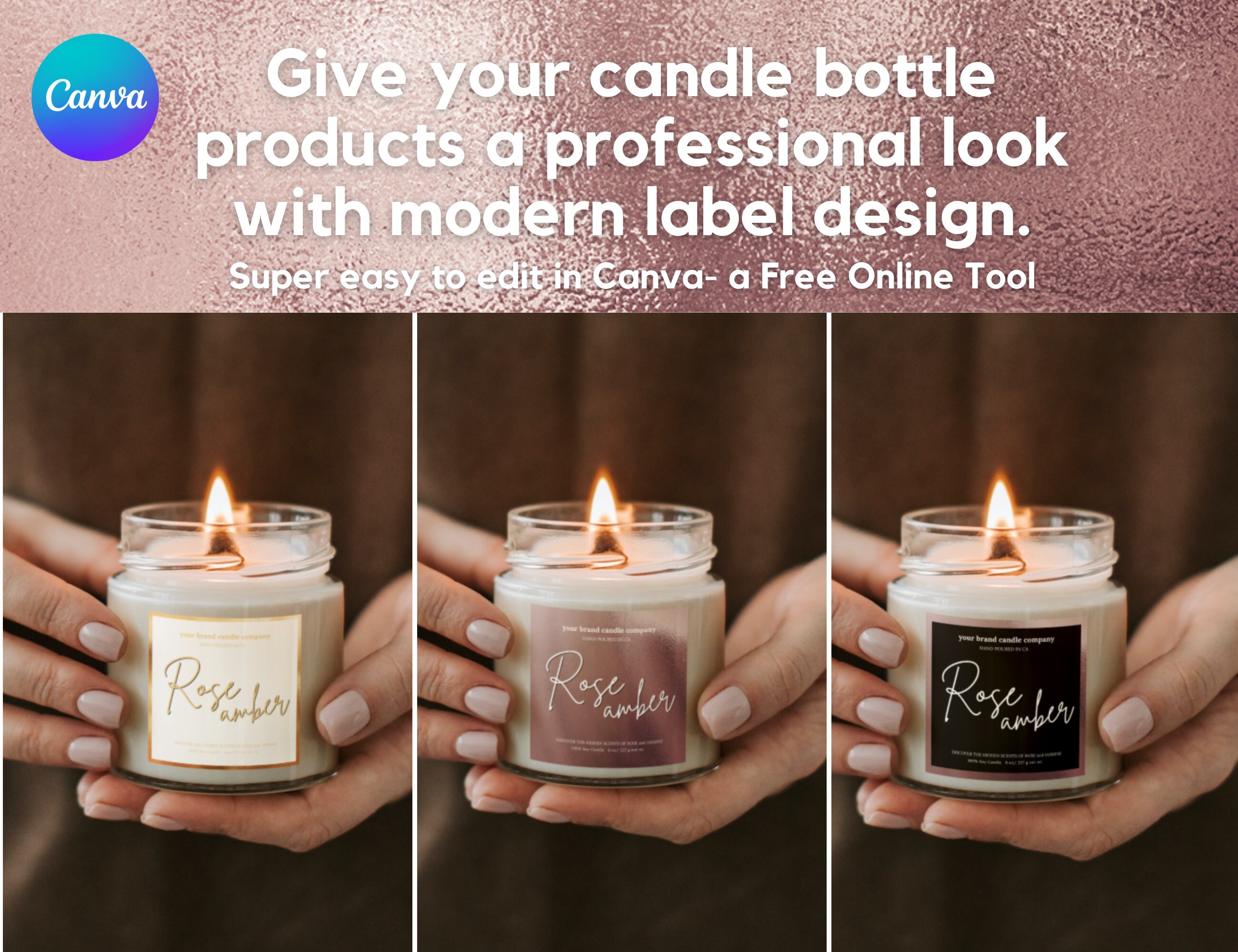 Rose Gold Candle Label Template CANVA, Gold Candle Labels, Wax Melt ...