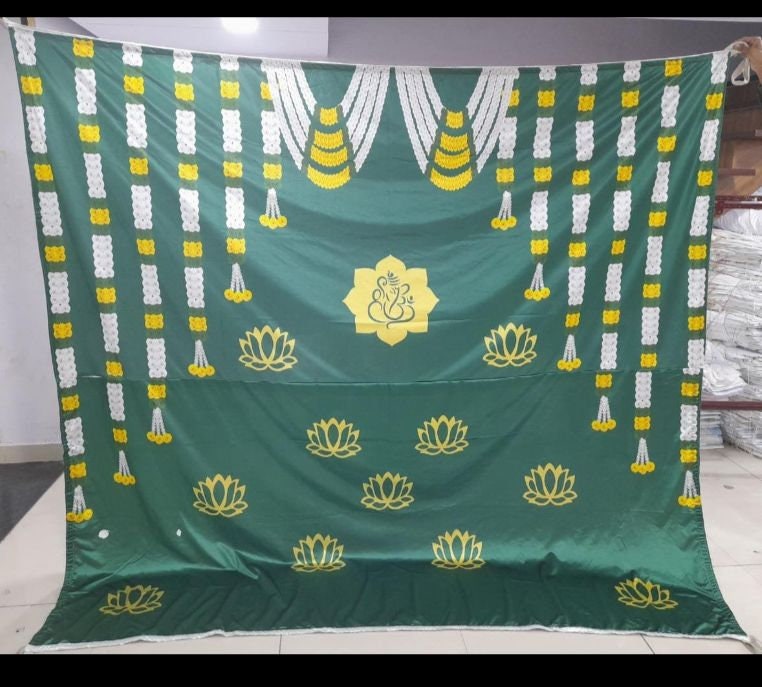 Indian Pooja Green Cloth Backdrops Pictures Ganesha With Marigold ...