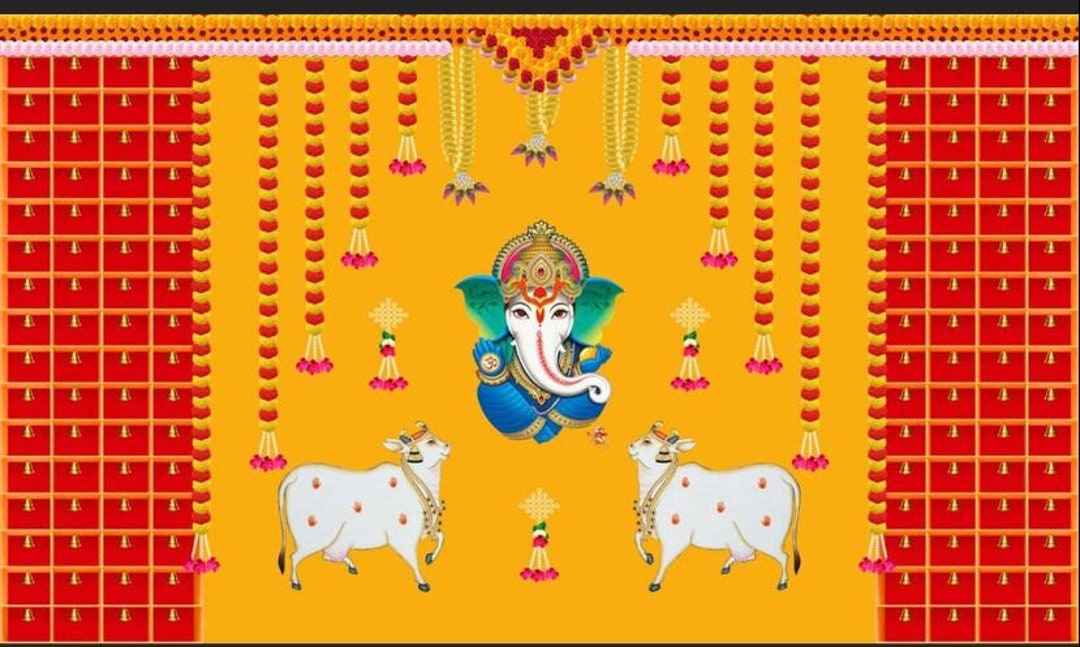 Indian Pooja Backdrop Pictures Ganesh With Floral Strings Designed for ...