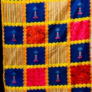 Indian Pooja Bamboo Red Roses Marigold Bamboo Backdrop Cloth for Pooja ...