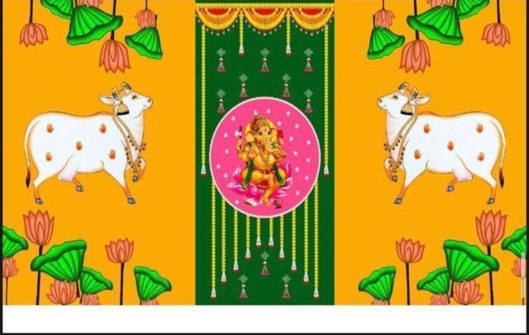 Indian Pooja Pichwai Ethnic Cow Ganesh Printed / Backdrop for Home ...