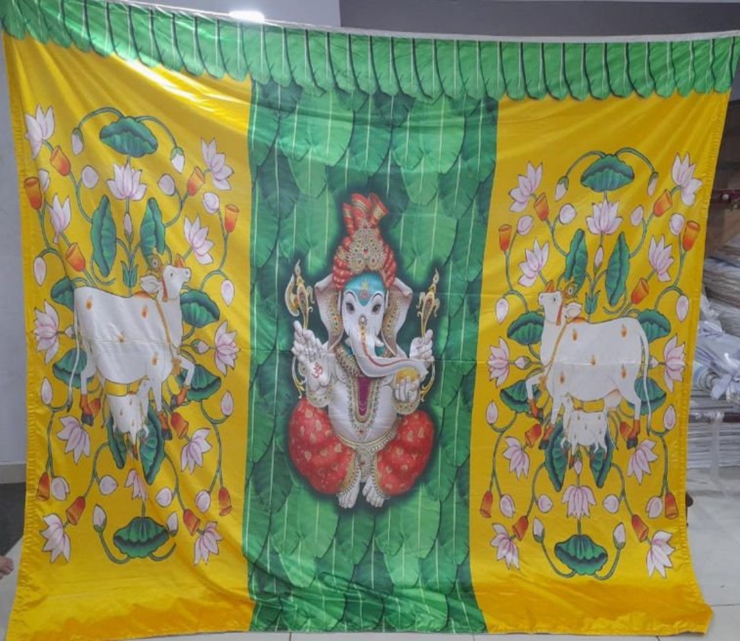 Indian Pooja Pichwai Ethnic Cow Ganesh Printed / Backdrop for Home ...