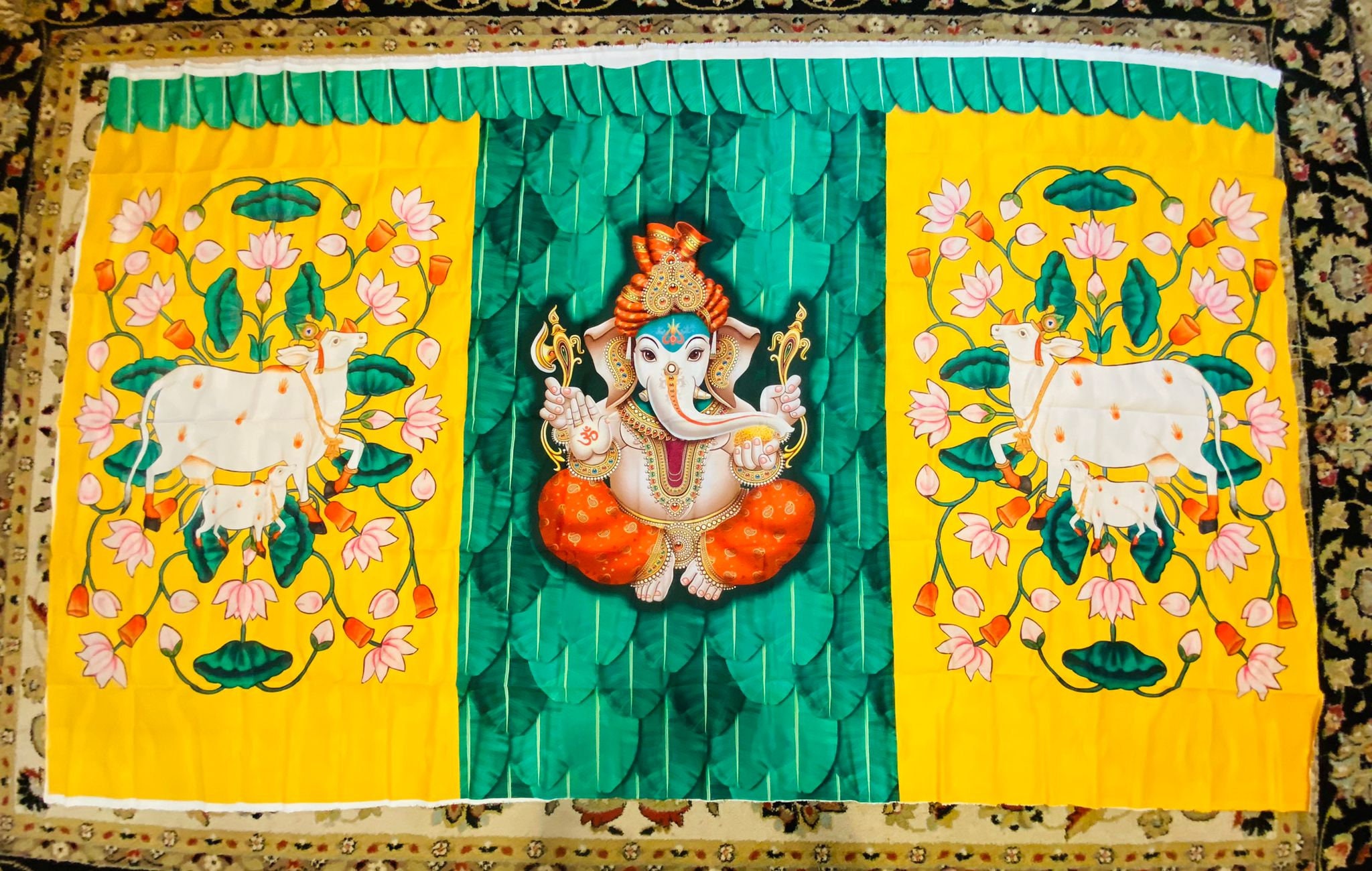 Indian Pooja Pichwai Ethnic Cow Ganesh Printed / Backdrop for Home ...