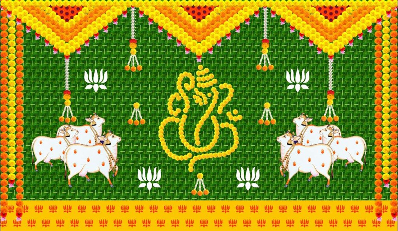 Indian Pooja Backdrop Picture Ganesha Pichwai Cow Printed With Banana ...