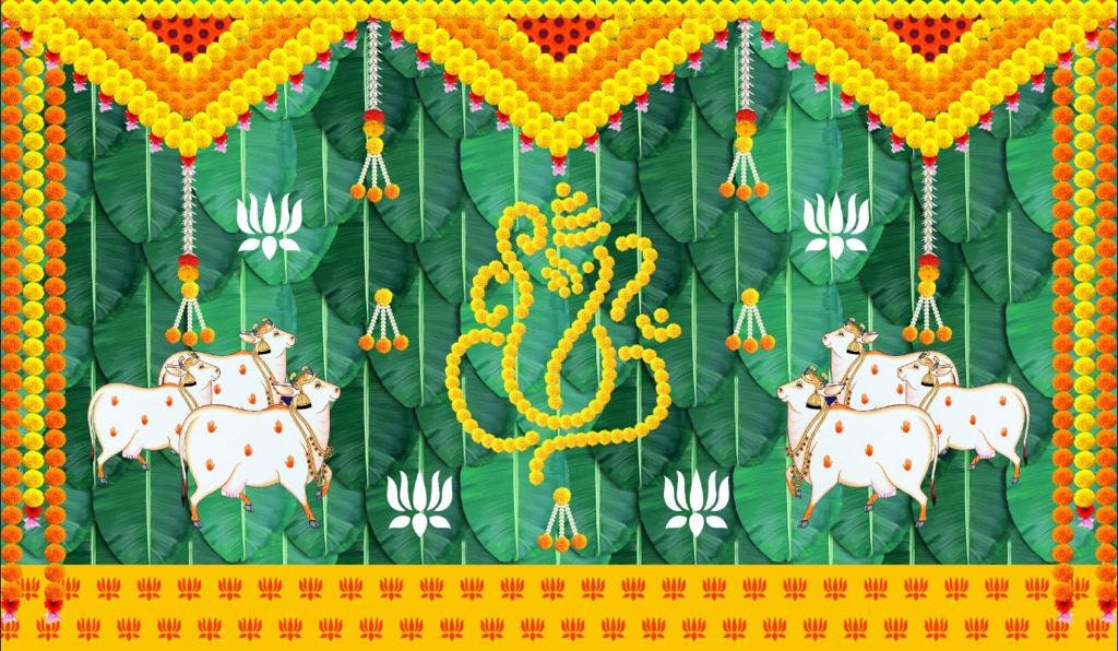 Indian Pooja Backdrop Picture Ganesha Pichwai Cow Printed With Banana ...
