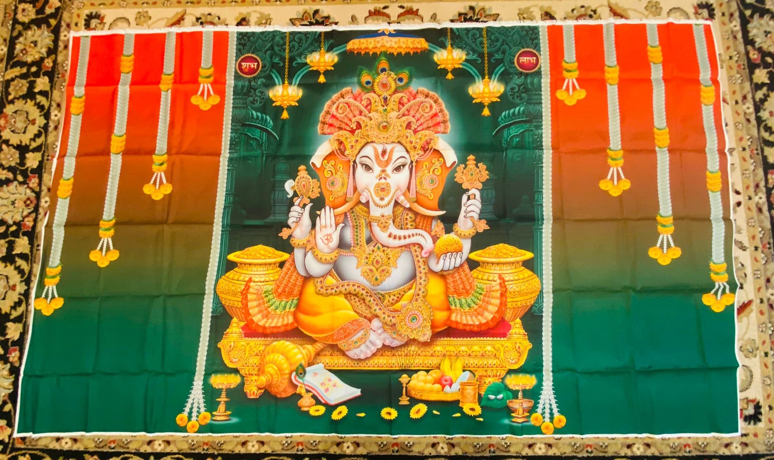 Indian Pooja Backdrop Pictures Ganesh With Floral Strings Designed for ...