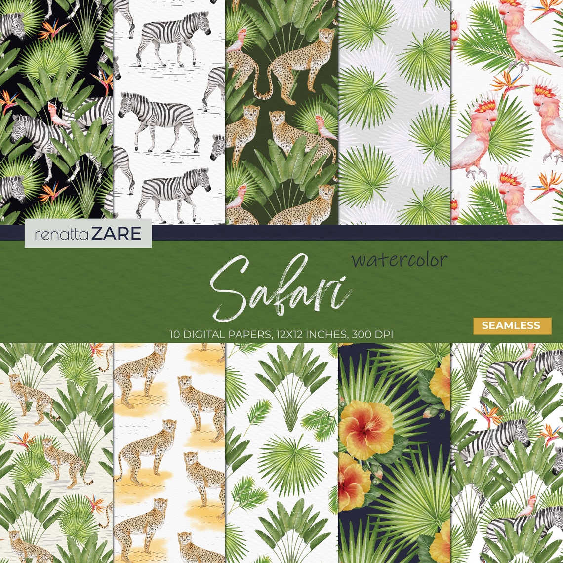 Safari Animals and Plants Digital Patterns. 12x12 In, 10 JPG Seamless ...