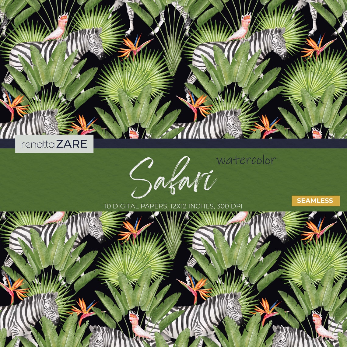 Safari Animals and Plants Digital Patterns. 12x12 In, 10 JPG Seamless ...