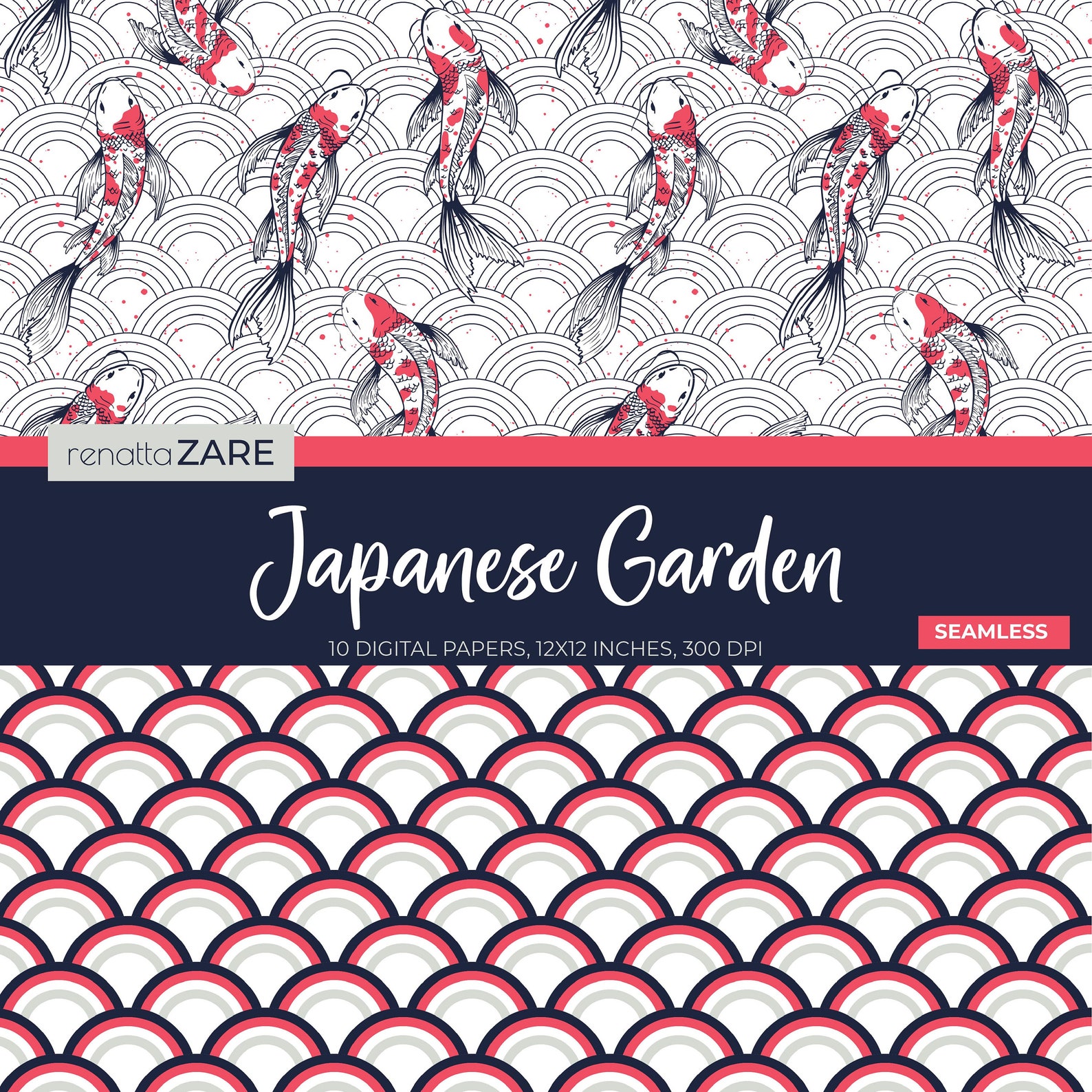 Japanese Digital Patterns. Koi Fishes and Lotus. 10 Seamless Digital ...