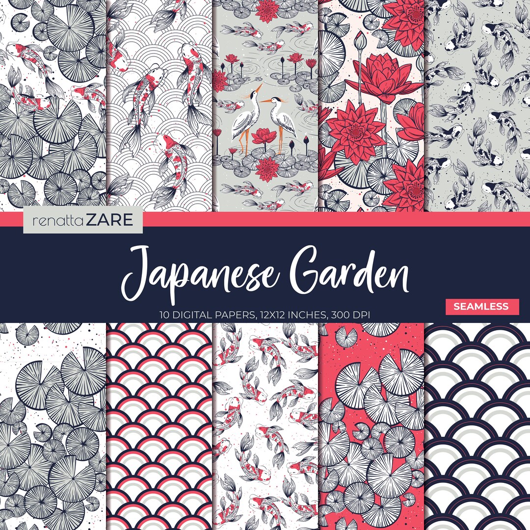 Japanese Digital Patterns. Koi Fishes and Lotus. 10 Seamless Digital ...