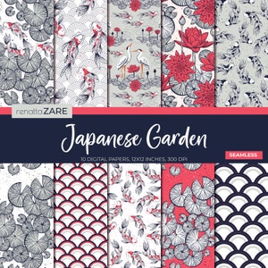 Japanese Digital Patterns. Koi Fishes and Lotus. 10 Seamless Digital ...