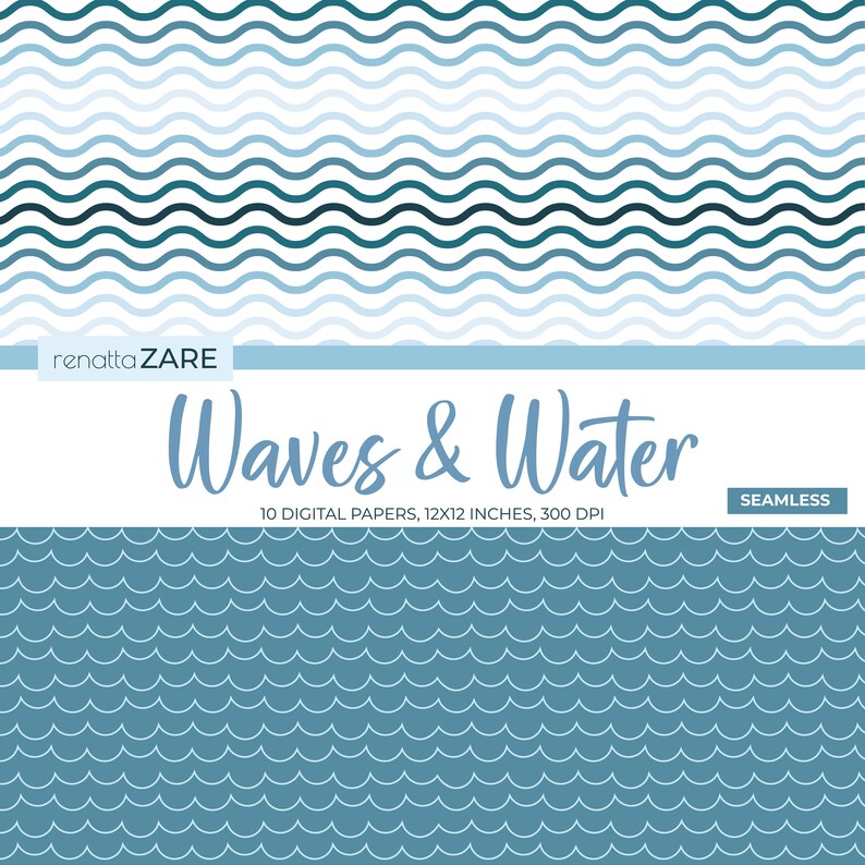 10 Waves and Water Seamless Digital Papers. Sea Water Papers. Blue ...