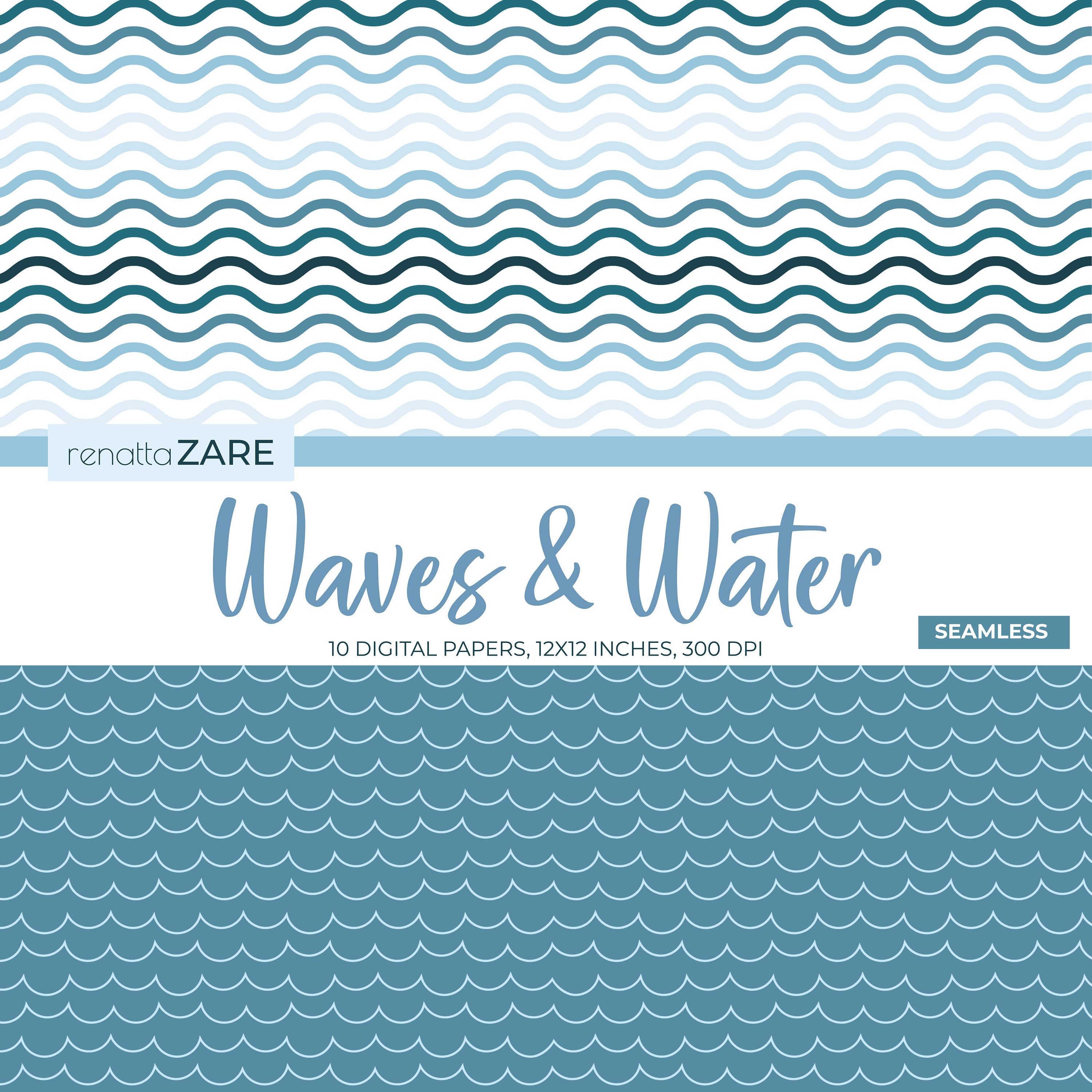 10 Waves and Water Seamless Digital Papers. Sea Water Papers. Blue ...