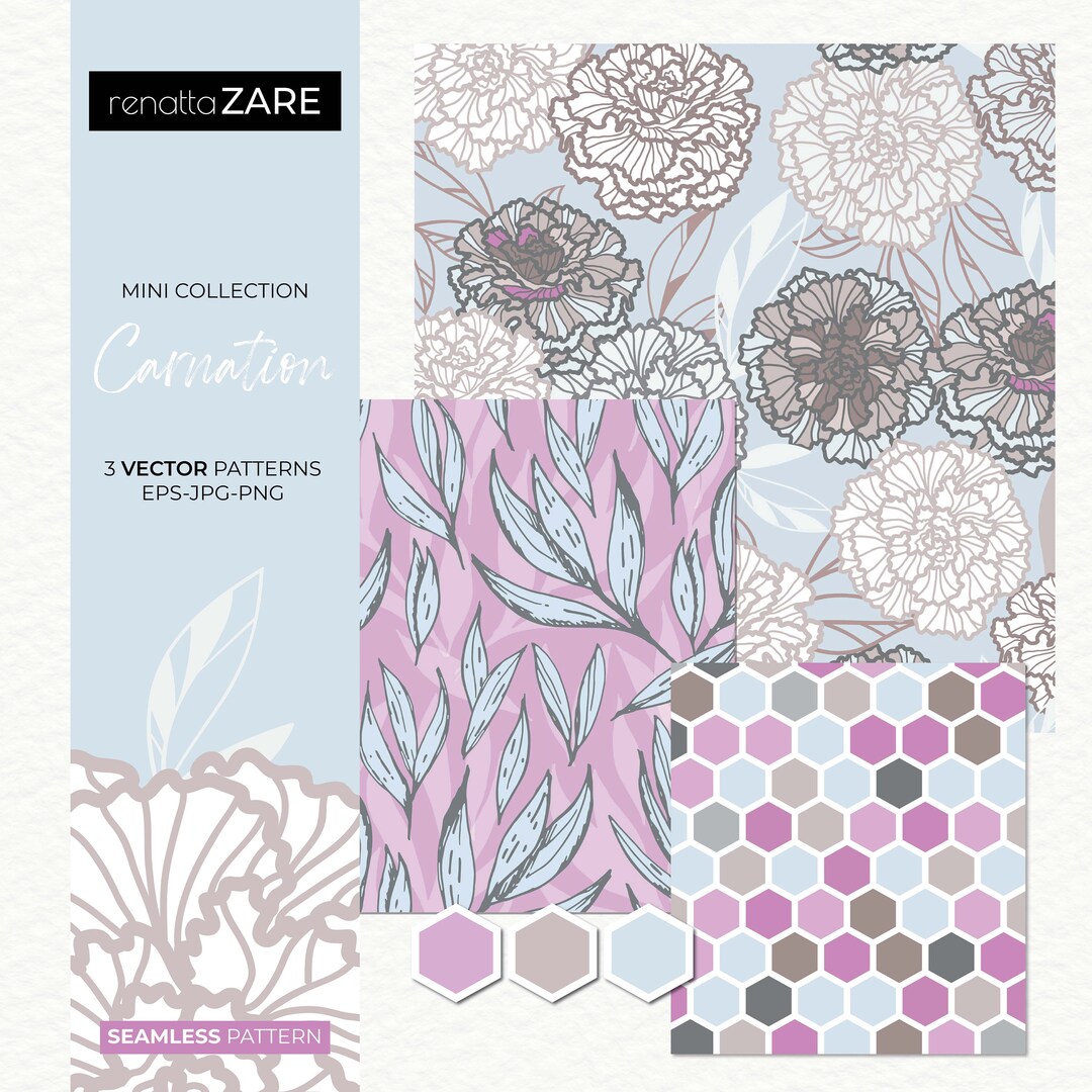 Vector Seamless Carnation Flower Patterns. 3 Pastel Floral and ...