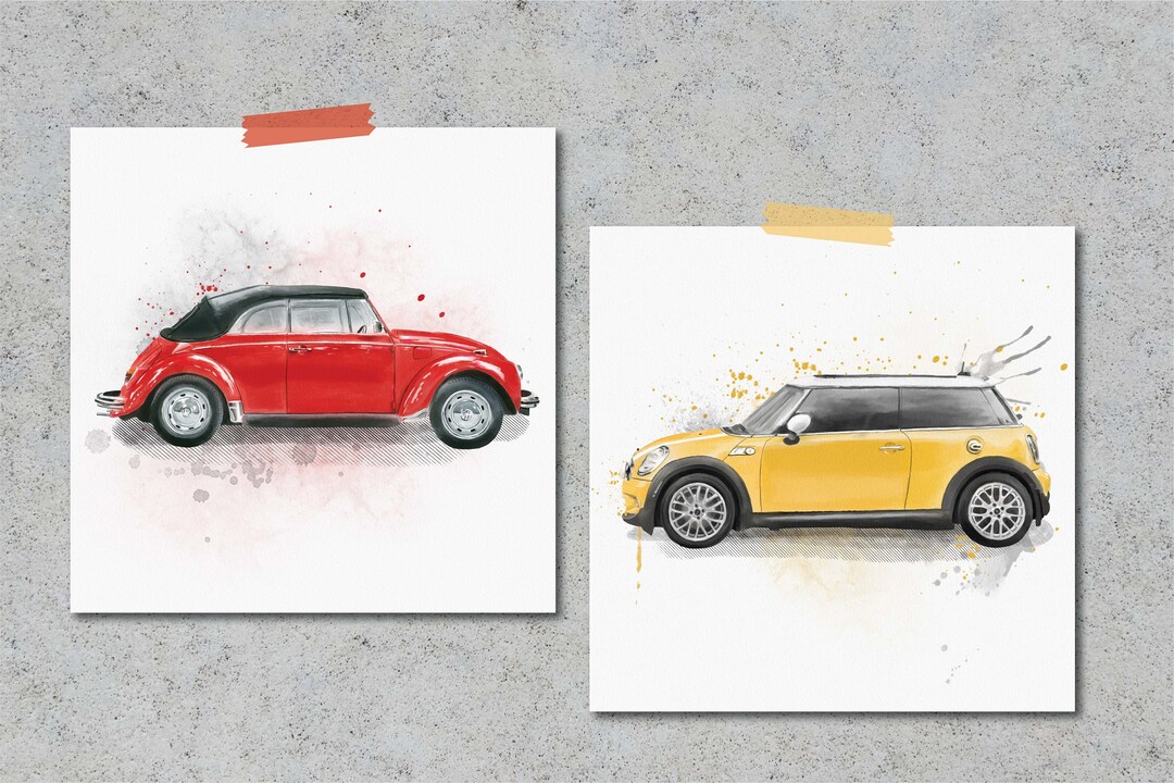 Retro Colorful Cars Clip Art Set. Set of Yellow and Red Watercolor ...