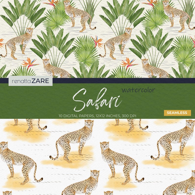 Safari Animals and Plants Digital Patterns. 12x12 In, 10 JPG Seamless ...