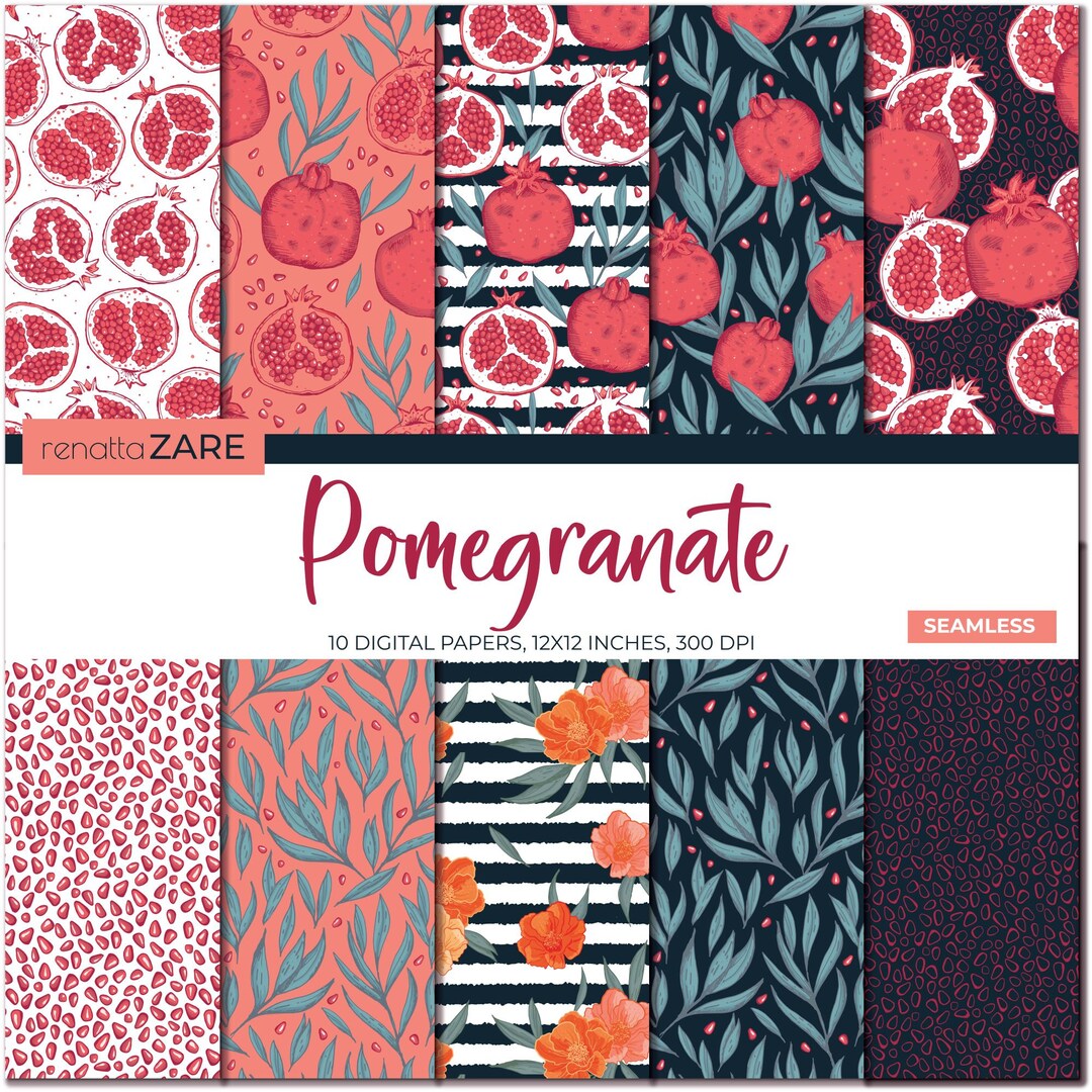 Pomegranate Fruit, Seed, and Flowers Digital Papers. 10 JPG Seamless ...