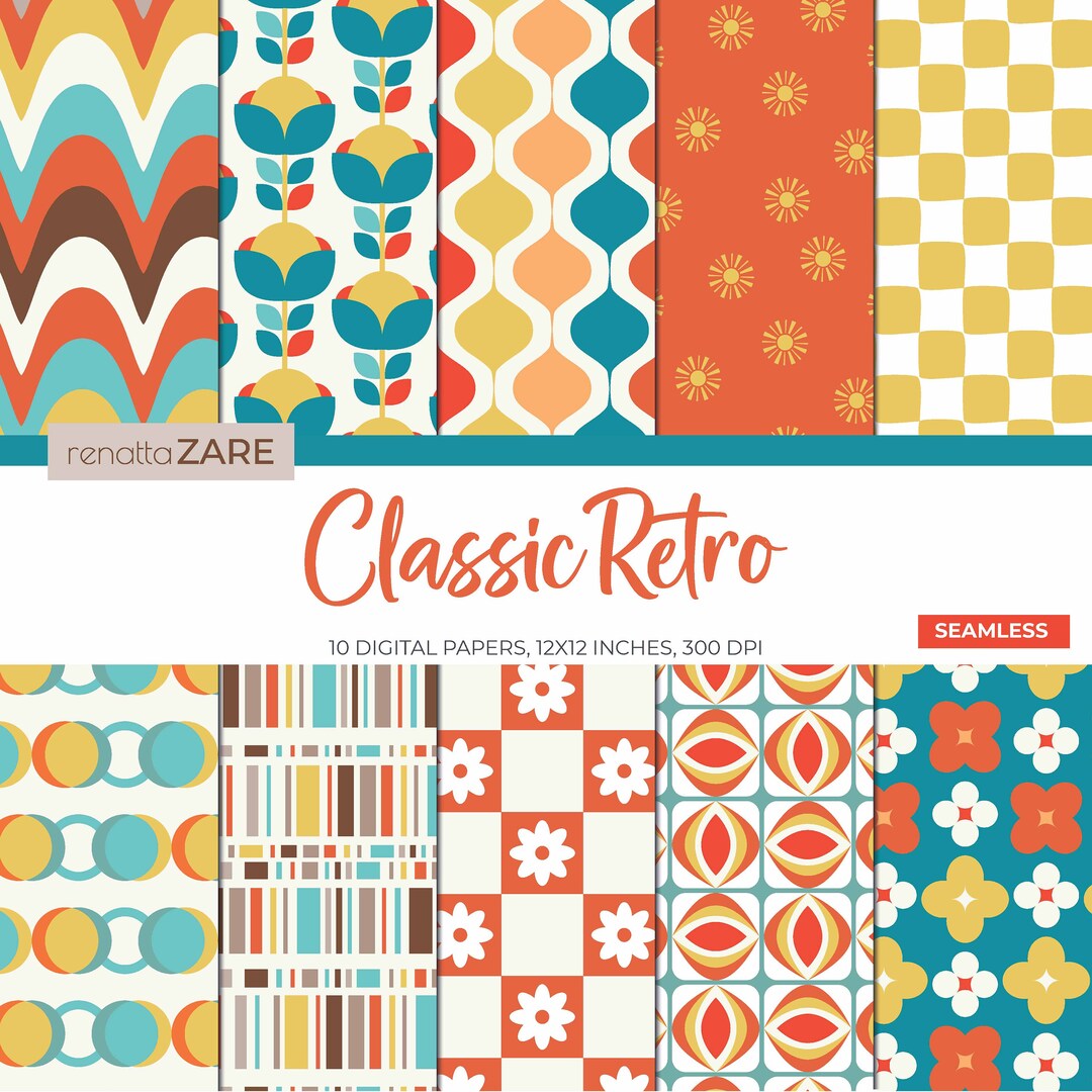 10 Retro Seamless Digital Papers, Groovy Floral, Vintage Backgrounds ...
