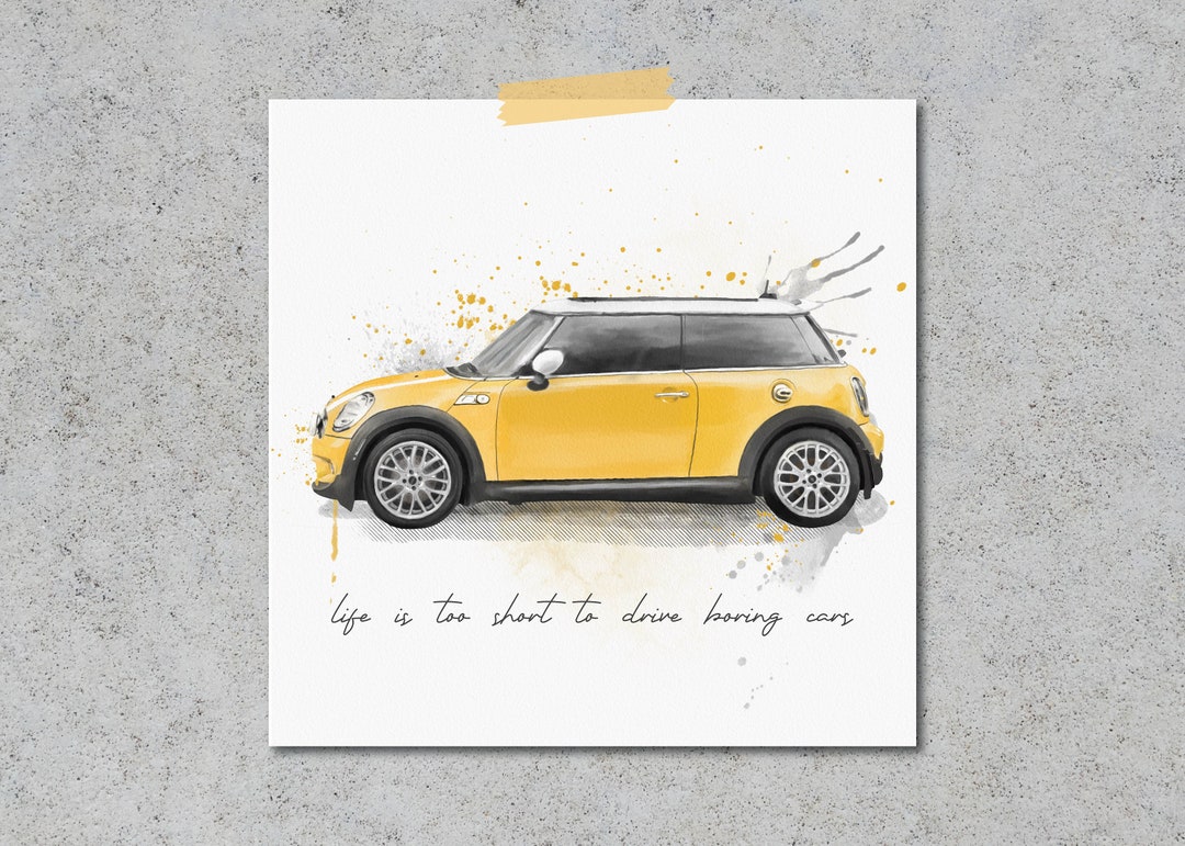 Retro Yellow Mini Car Clip Art, Poster. Watercolor and Ink Painted ...