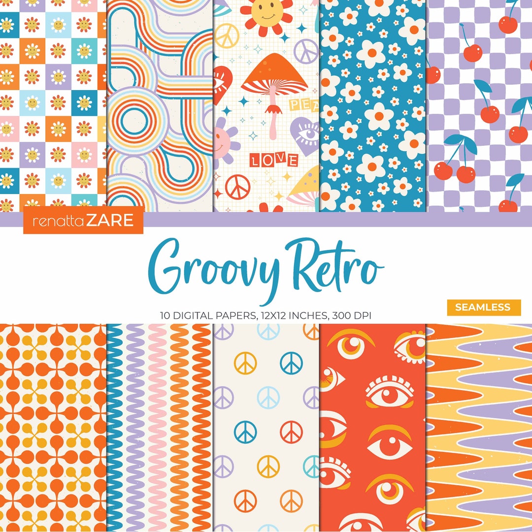 10 Groovy Retro Seamless Papers, Vintage Backgrounds, Boho Scrapbook ...