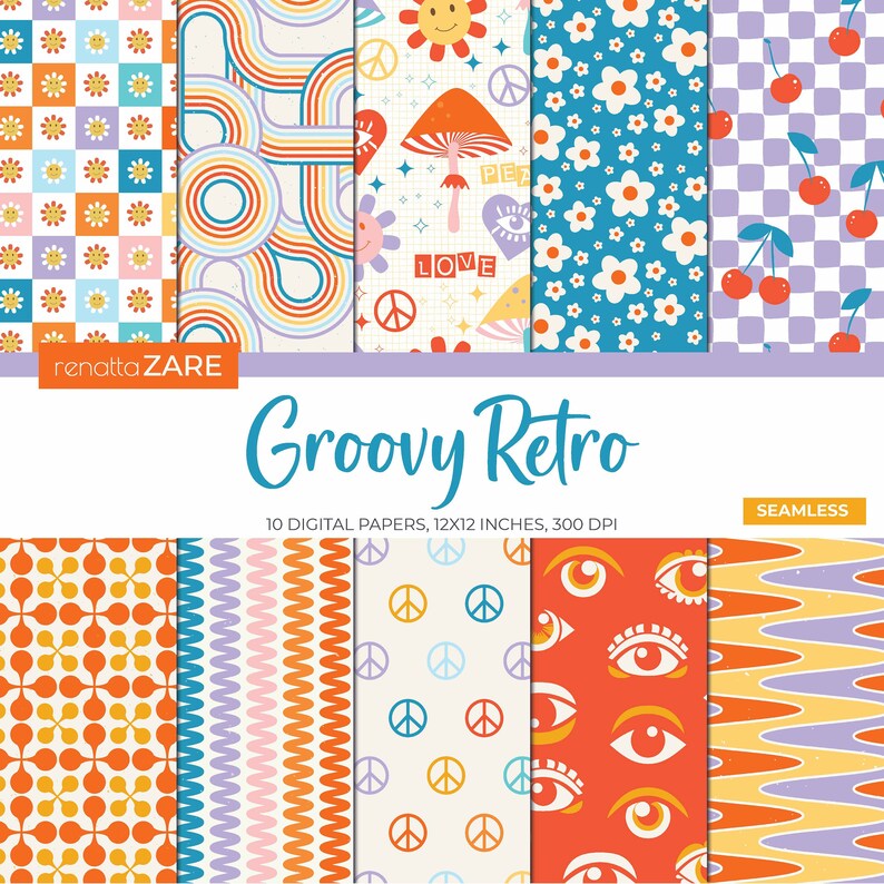 10 Groovy Retro Seamless Papers, Vintage Backgrounds, Boho Scrapbook ...
