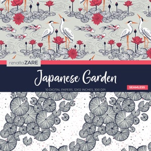 Japanese Digital Patterns. Koi Fishes and Lotus. 10 Seamless Digital ...