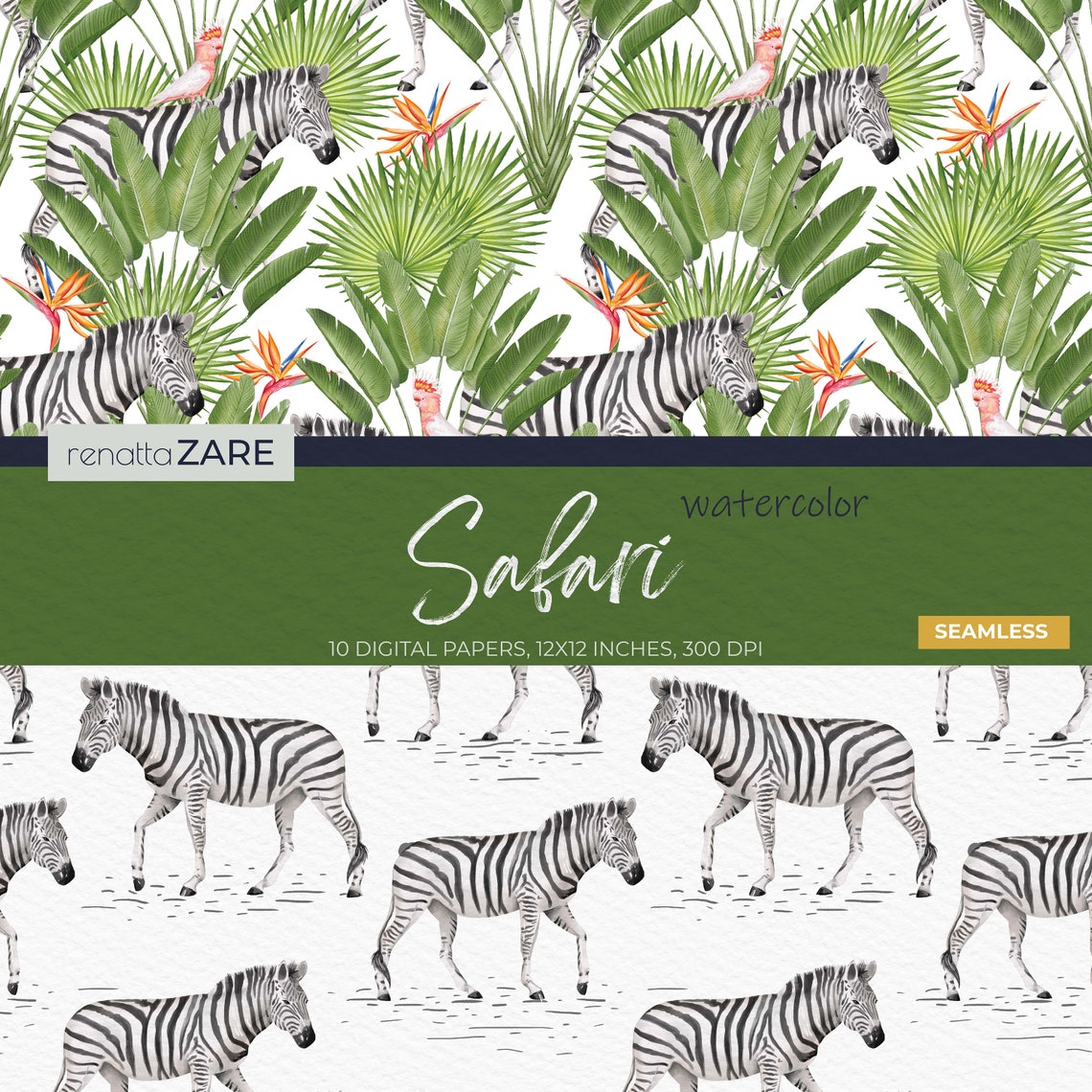 Safari Animals and Plants Digital Patterns. 12x12 In, 10 JPG Seamless ...