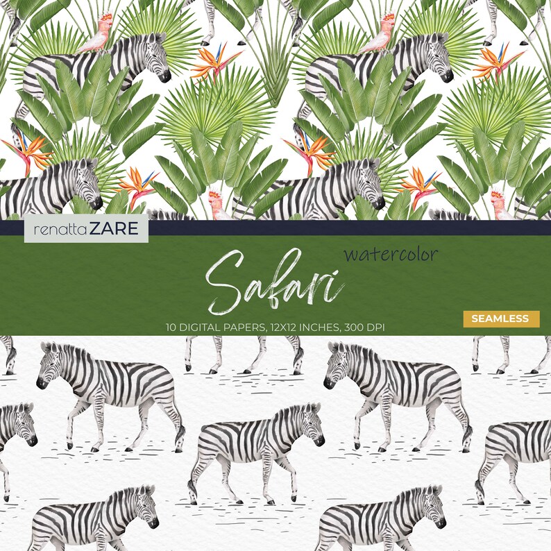 Safari Animals and Plants Digital Patterns. 12x12 In, 10 JPG Seamless ...